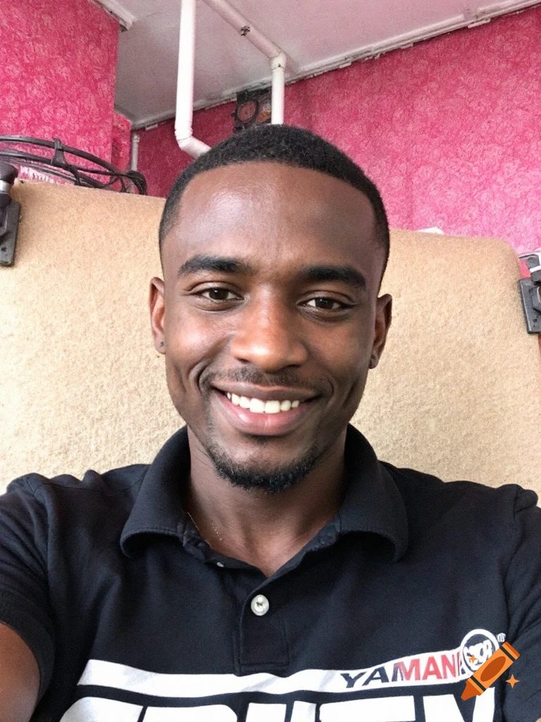 Close-up selfie of a young Black man smiling in a black polo shirt. on Craiyon