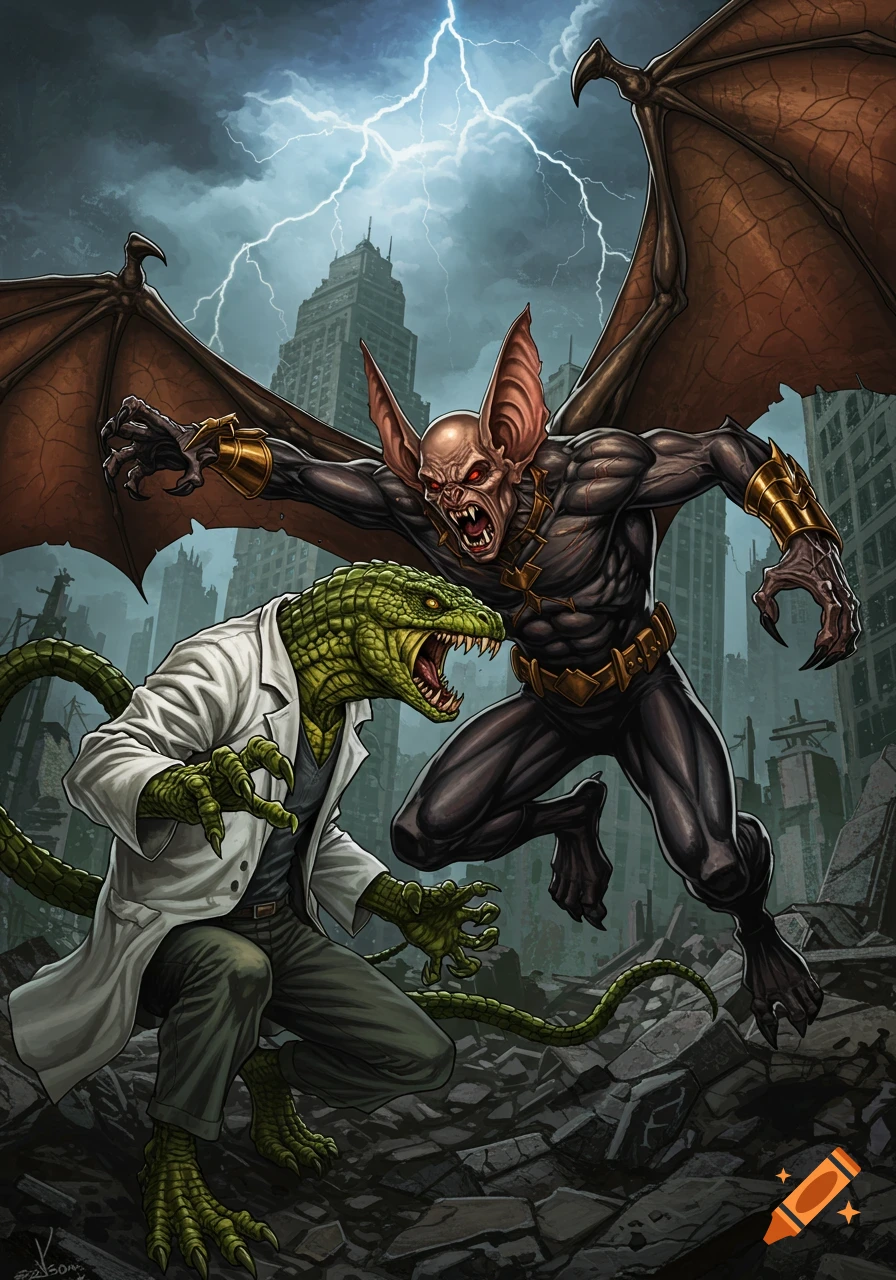 Illustration of Lizard and Man-Bat fighting in a destroyed city under ...