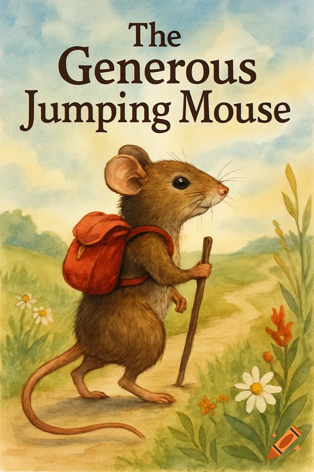 Watercolor illustration of a mouse with a backpack walking on a path ...