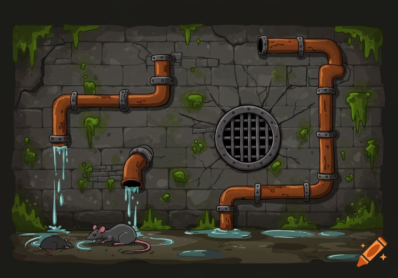 A cartoon illustration of two rats standing in water near dripping ...