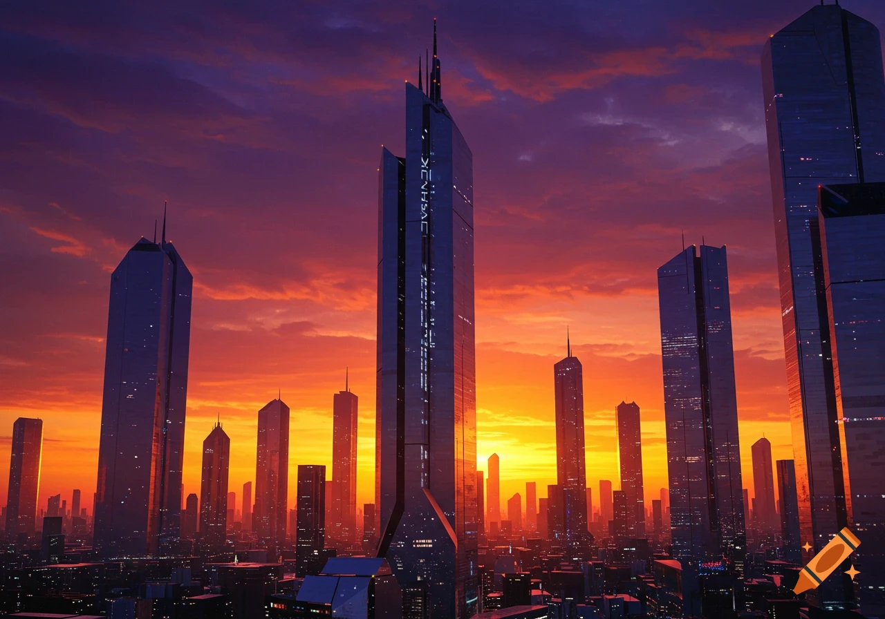Futuristic chrome cityscape at sunset with tall skyscrapers on Craiyon