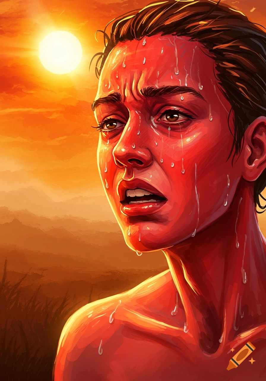 Close-up illustration of a person sweating heavily under a hot sun ...