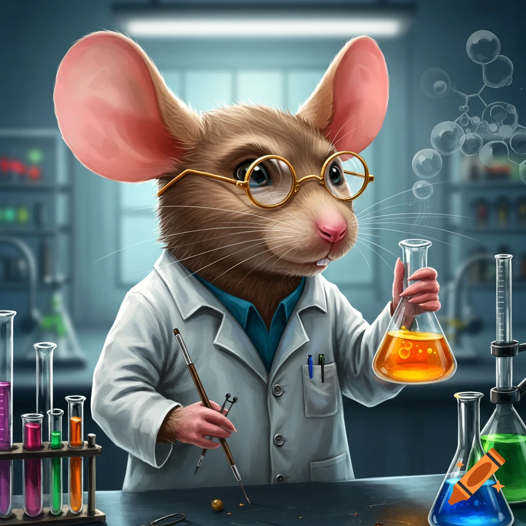 A cartoon anthropomorphic mouse scientist wearing a lab coat and ...