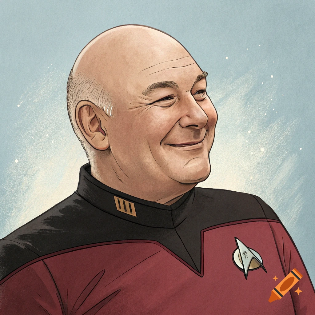 Stylized illustration of a smiling bald man resembling Captain Picard ...
