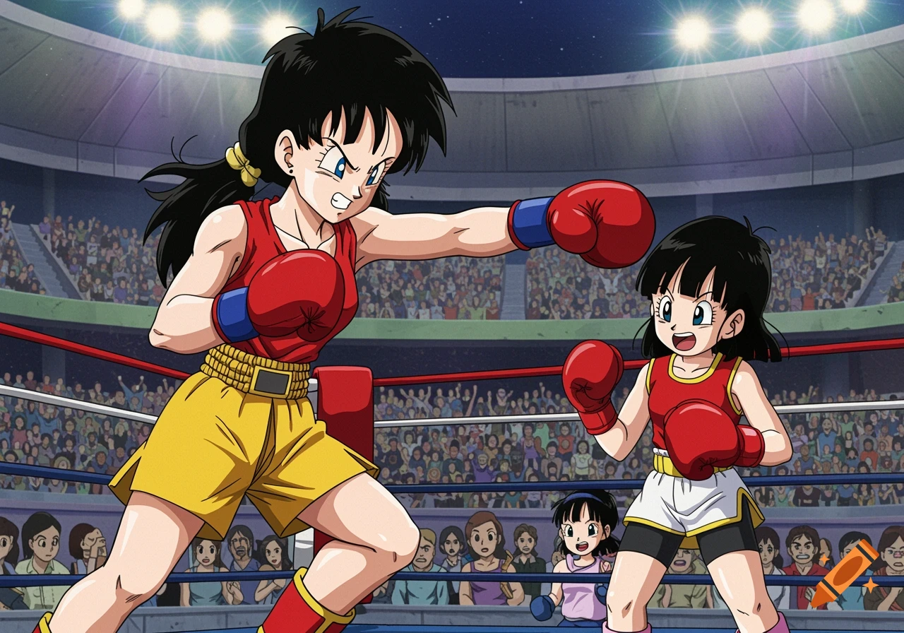 Anime illustration of Videl boxing Pan in a crowded arena. on Craiyon
