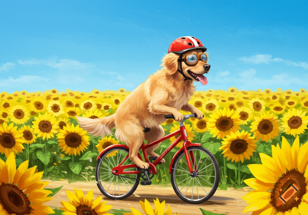 Golden retriever wearing a helmet and goggles rides a bike through a ...
