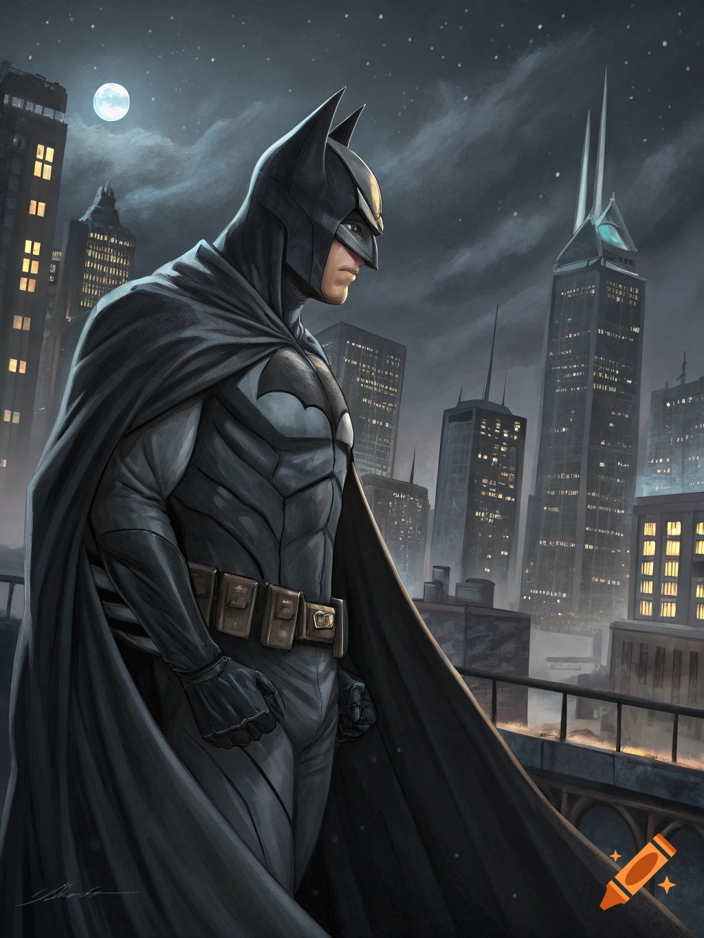 Comic art illustration of Batman standing on a rooftop overlooking a ...
