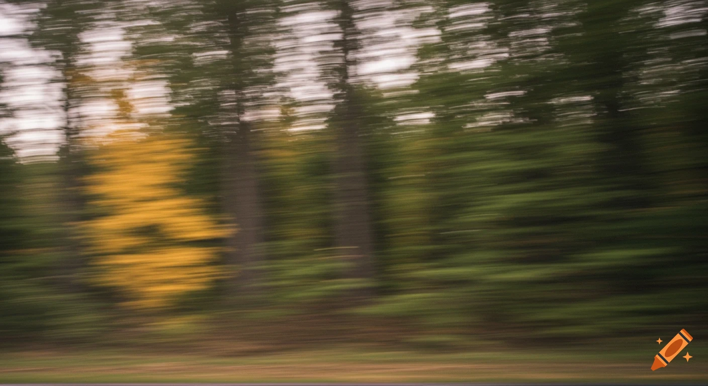 Trees seen from a moving vehicle with motion blur, featuring green and ...