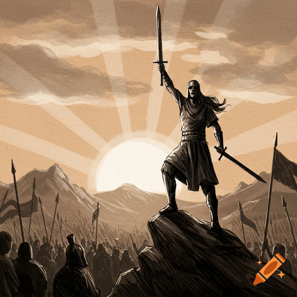 Warrior raises sword on rock overlooking army at sunrise, sketch style ...