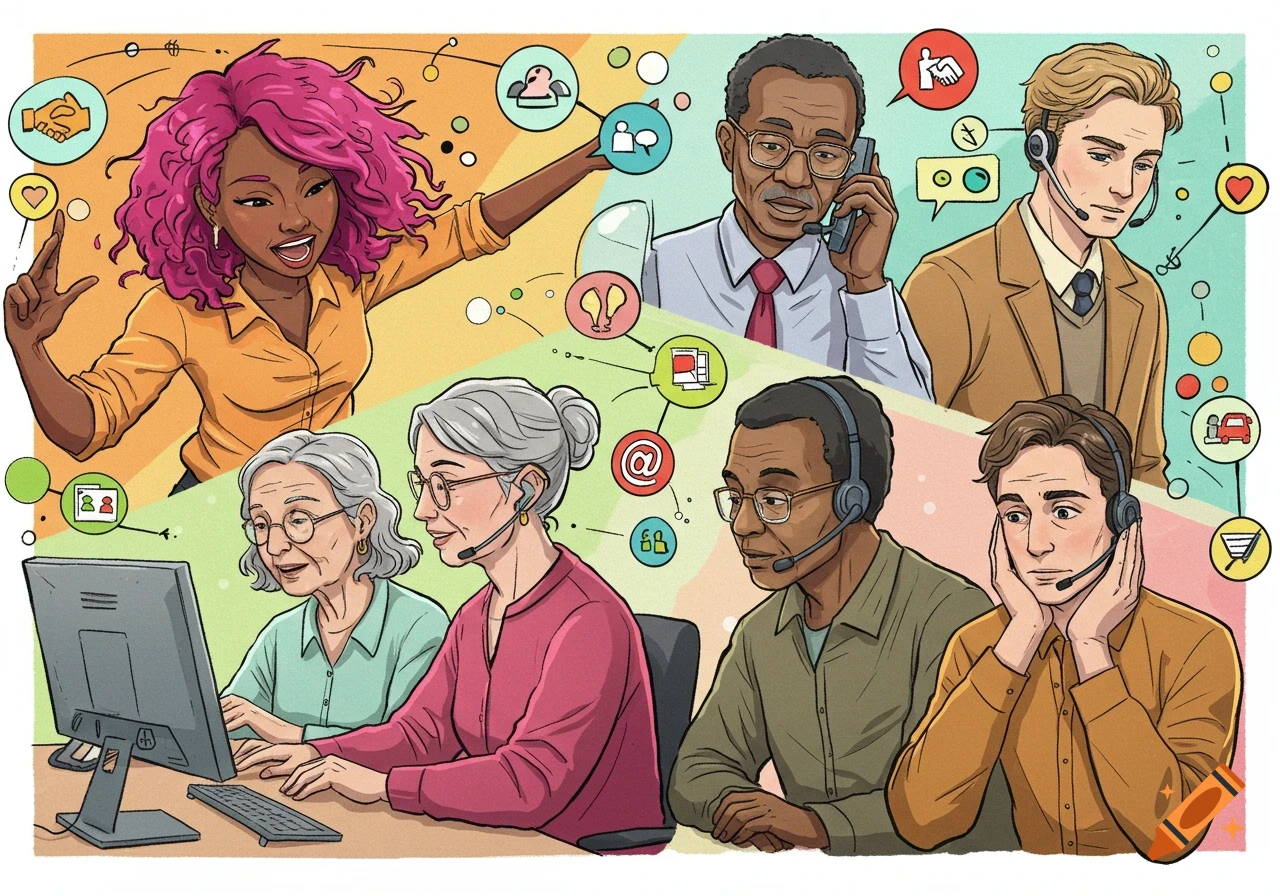 Illustration of diverse people in a business communication setting with ...