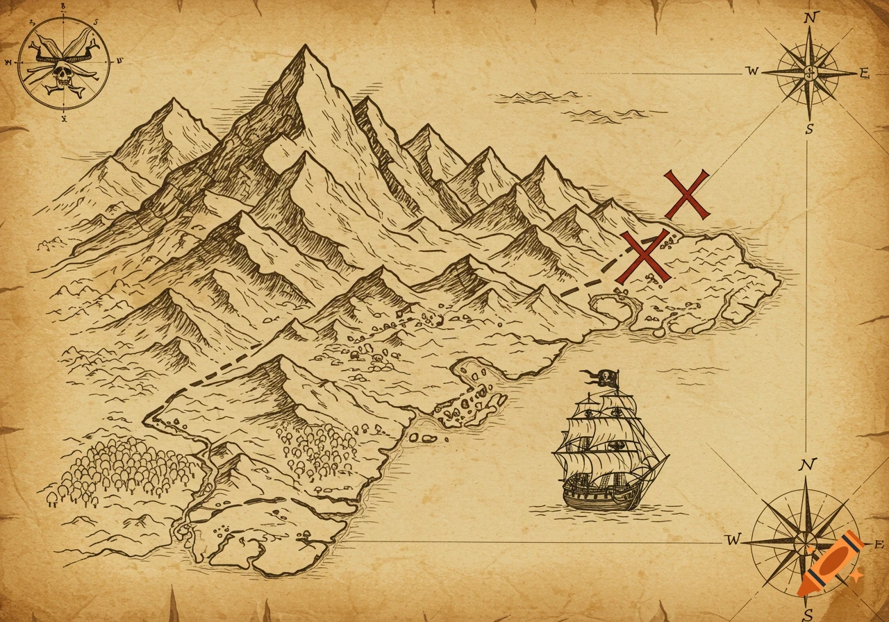 An old-style drawing of a pirate treasure map showing mountains, a ship ...