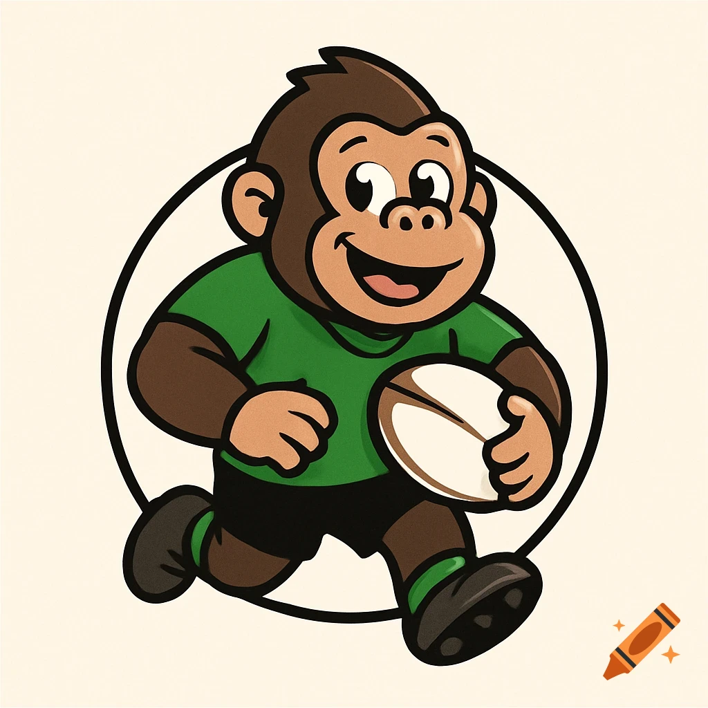 Cartoon monkey in a green rugby kit holding a rugby ball within a ...