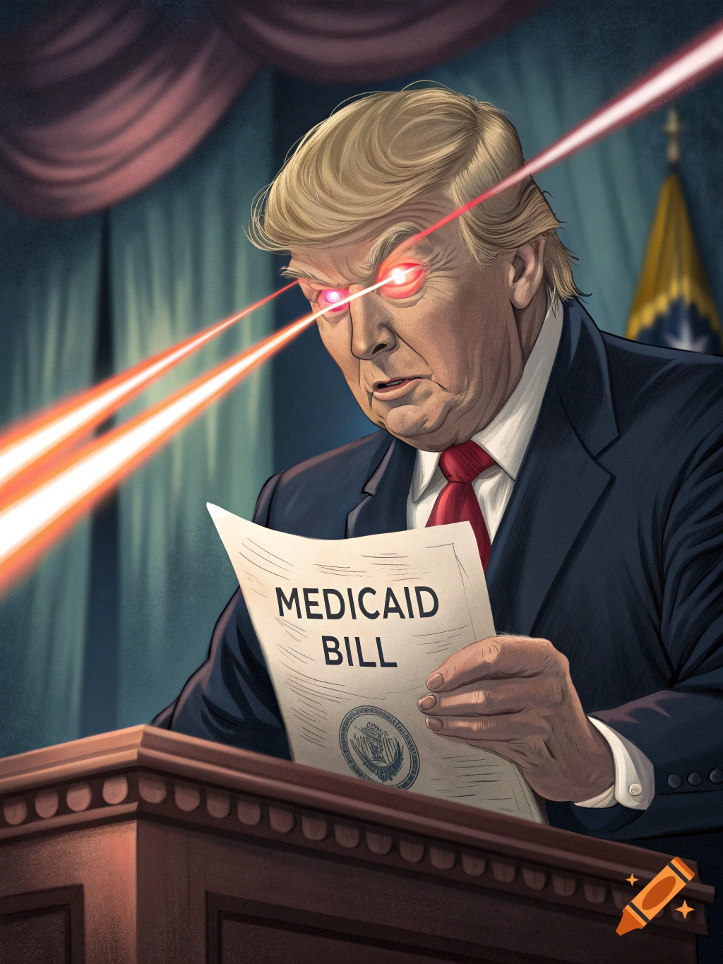 Illustration of Donald Trump with red laser eyes reading a paper ...