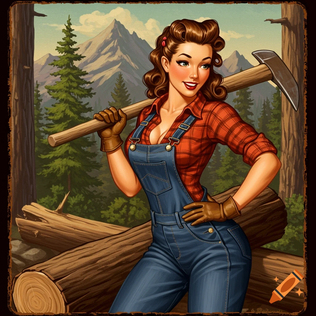 A pin-up illustration of a woman lumberjack holding an axe over her shoulder in a forest. on Craiyon
