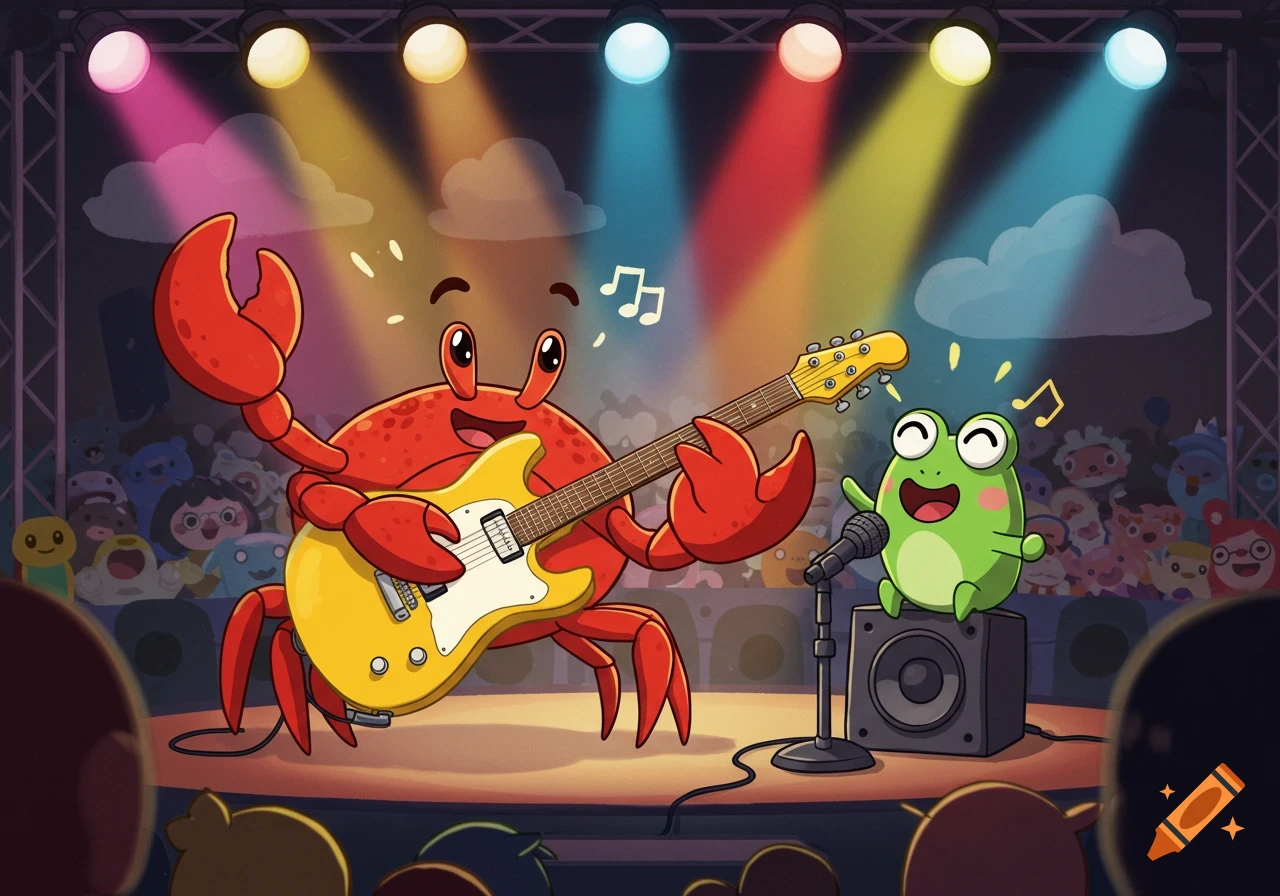 A cartoon crab plays a yellow guitar on stage next to a singing green ...