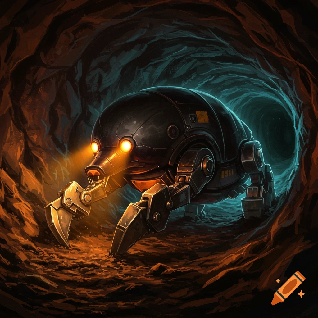 A robotic mole creature with glowing eyes and digging claws sits in a ...