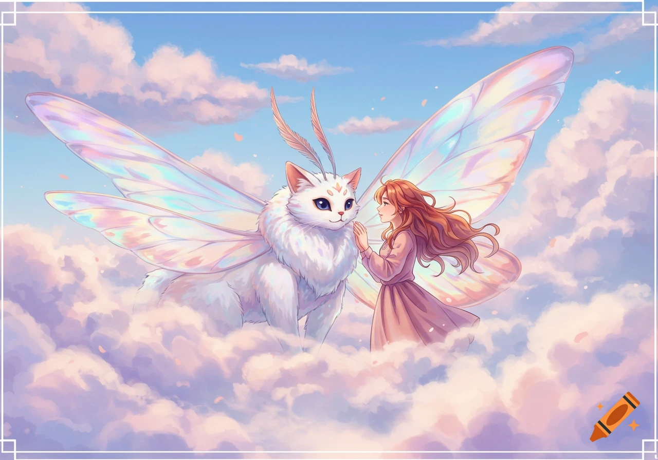 A woman and a large fluffy cat-moth hybrid float in pastel clouds ...