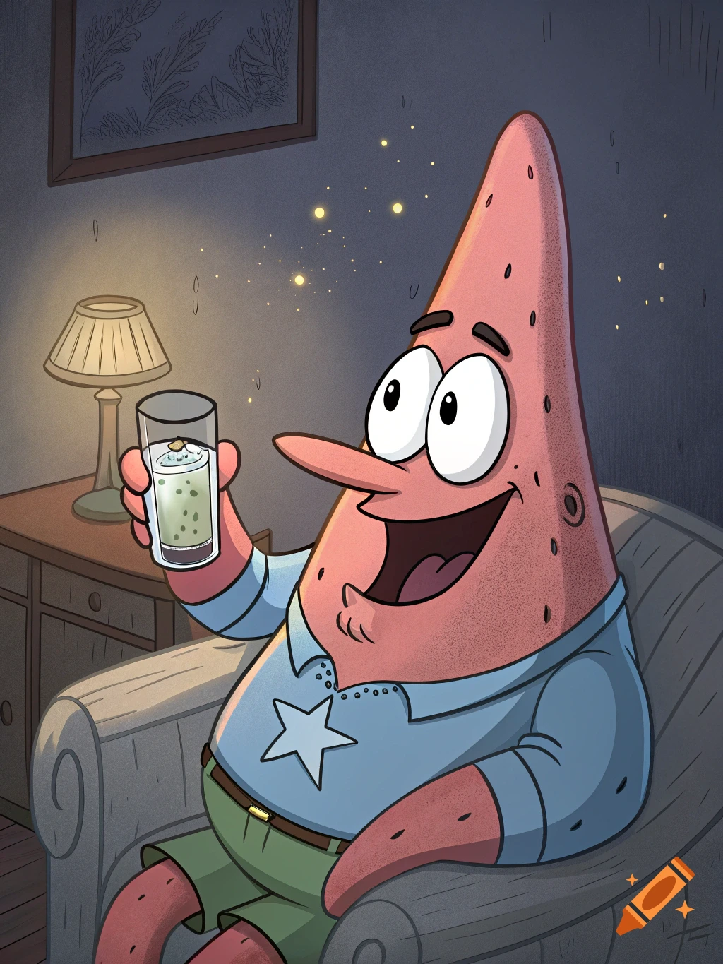 Cartoon of Patrick Star sitting in a chair holding a glass and smiling ...