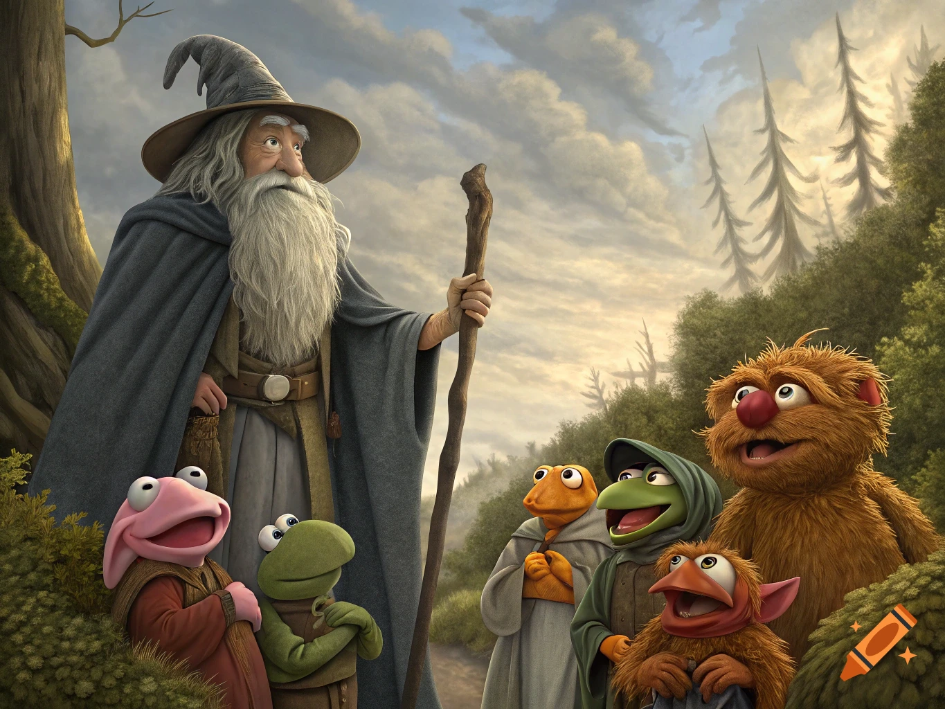 Gandalf the wizard stands with a group of Muppet characters in a ...