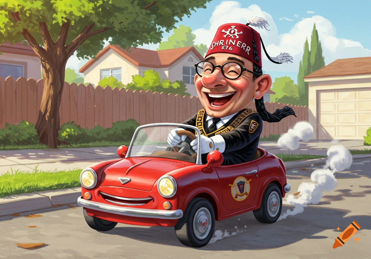 A cartoon man wearing a red fez drives a red mini car down a street. on ...