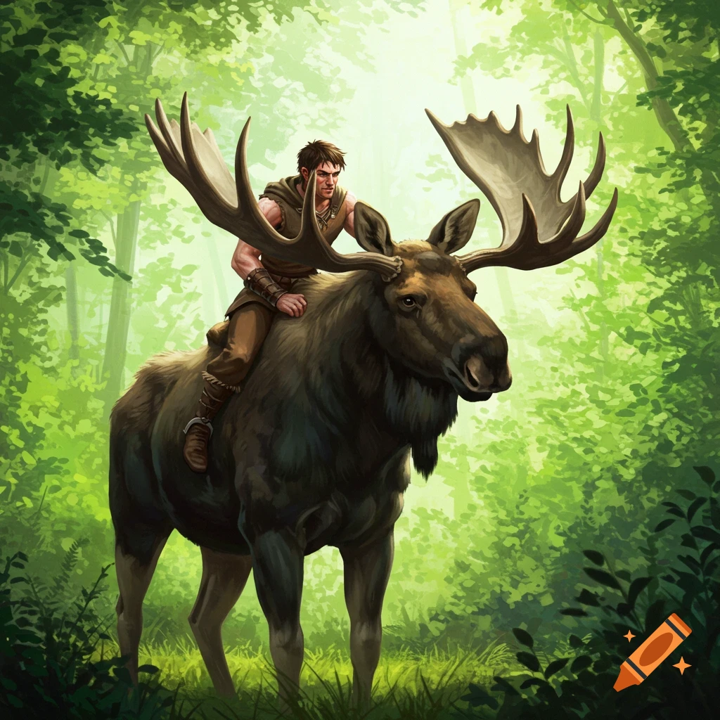 Fantasy illustration of a man riding a large moose through a lush green ...
