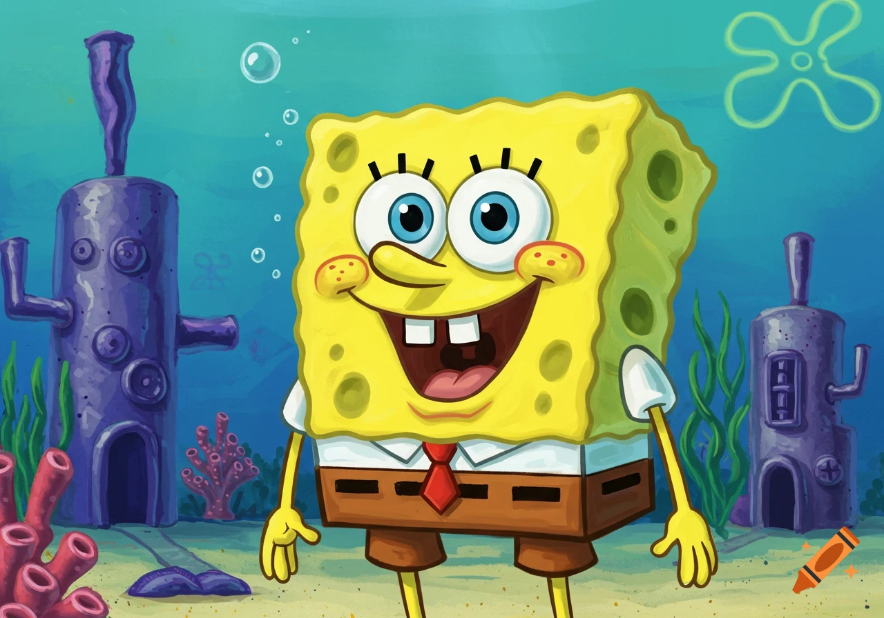 Spongebob Squarepants smiling underwater, surrounded by bubbles, coral ...