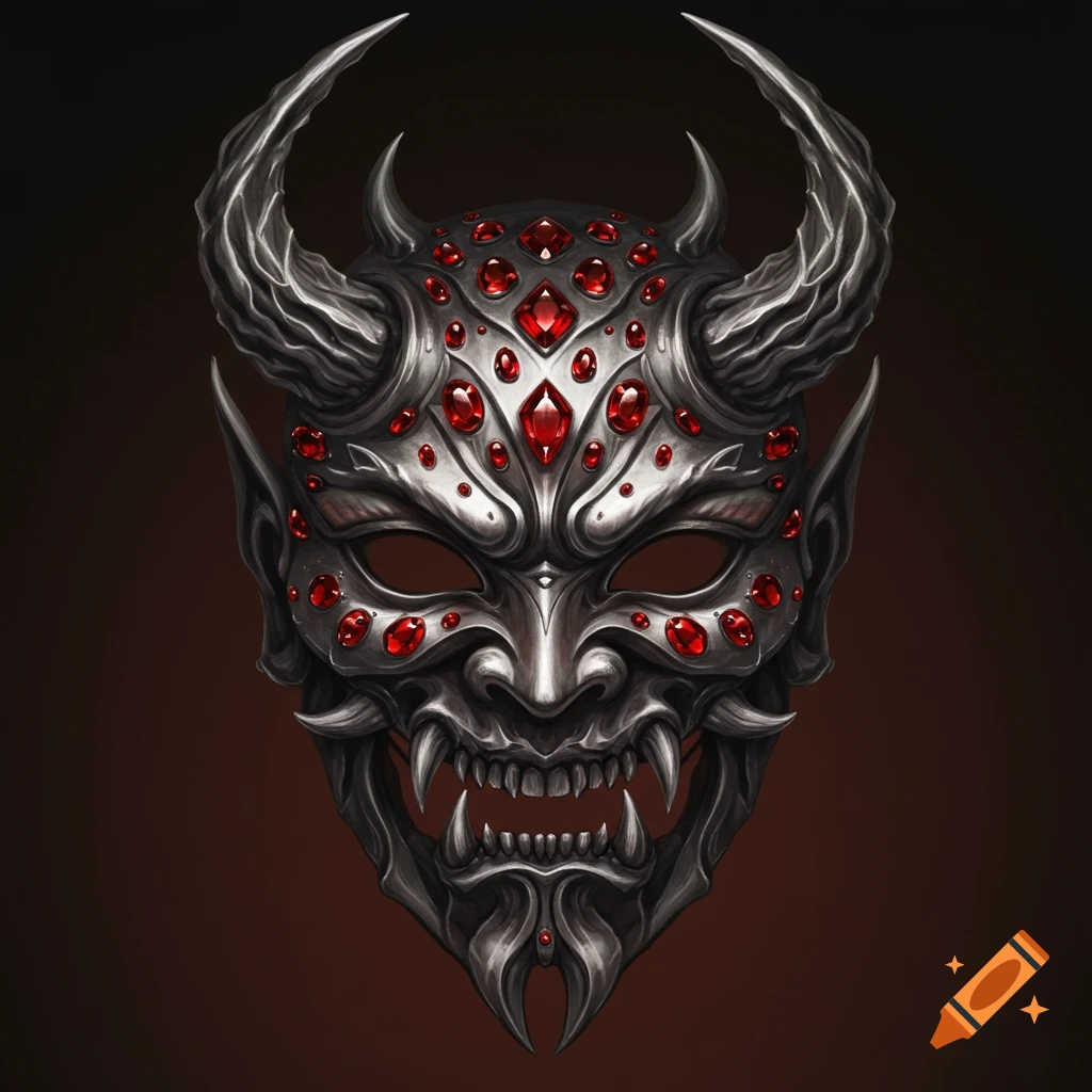 Silver demon mask with horns, fangs, and red ruby gems. on Craiyon