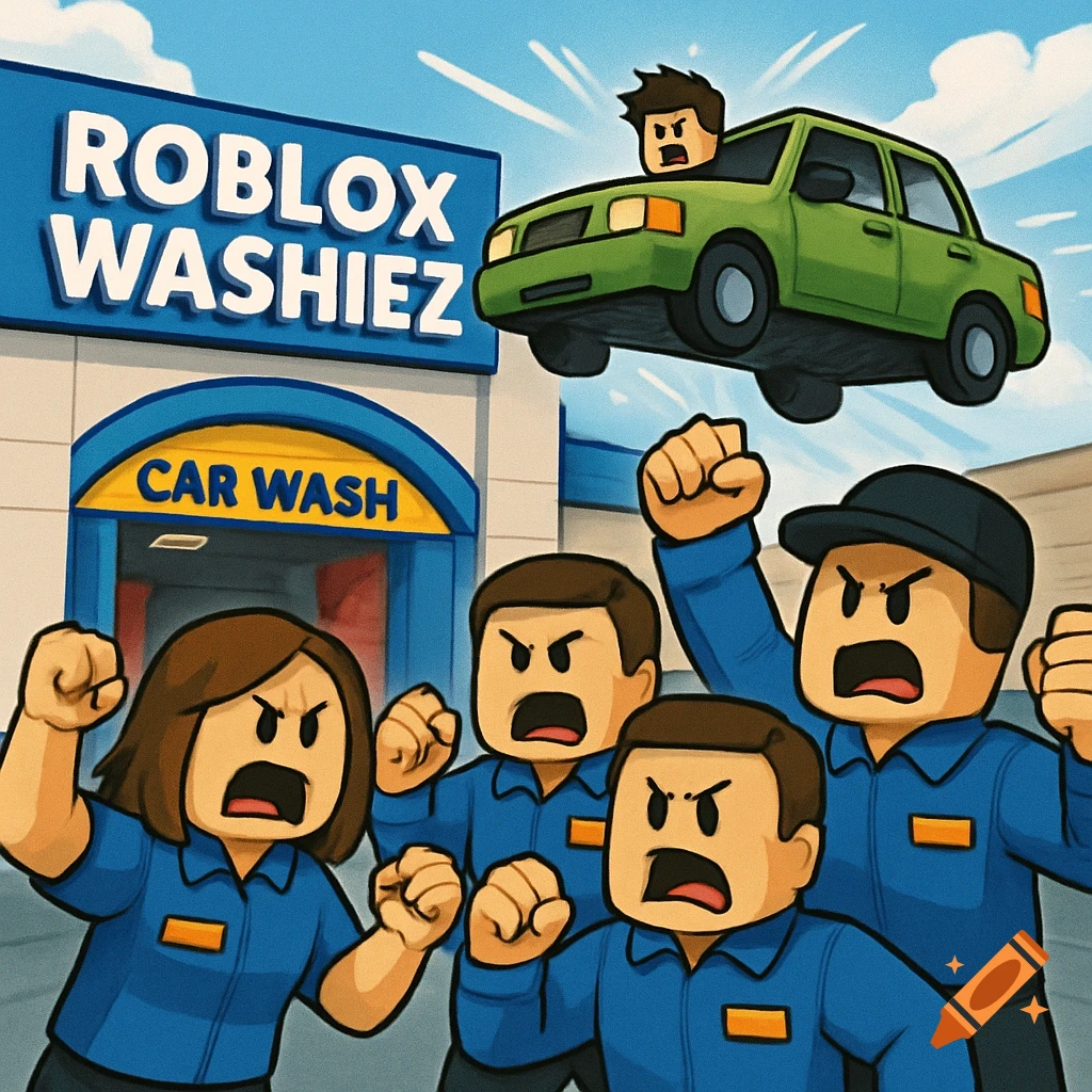 Roblox characters rage as a car flies over a car wash building. on Craiyon