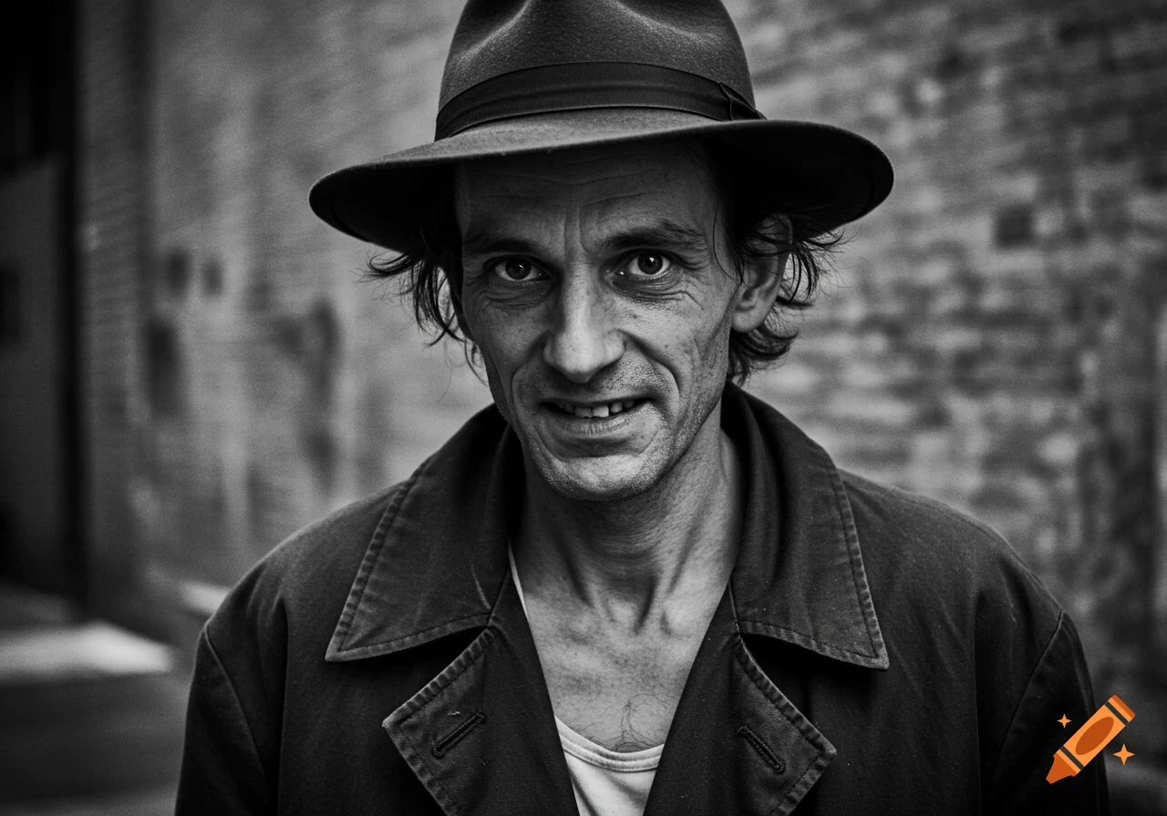 Black and white photorealistic portrait of a scrawny man in a fedora ...