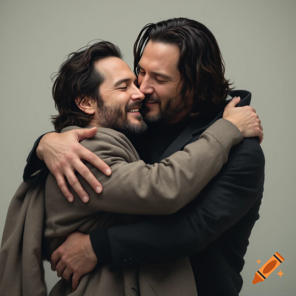 Photorealistic portrait of Keanu Reeves and Henry Cavill hugging on Craiyon