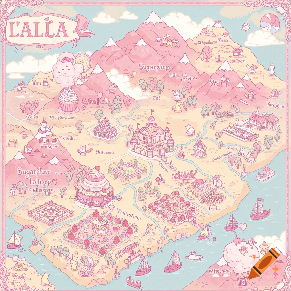 A cute, pink, hand-drawn fantasy map of a land with mountains, castles ...