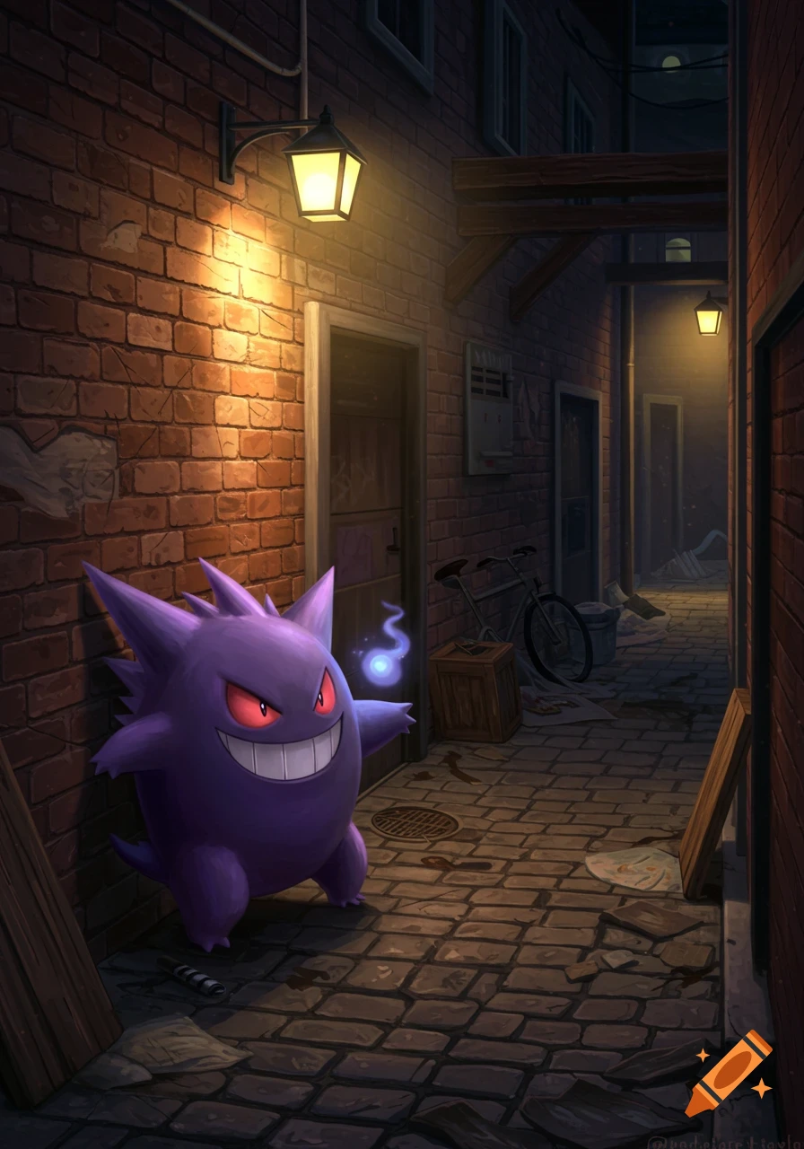 Gengar stands in a dark alleyway lit by a lantern. on Craiyon