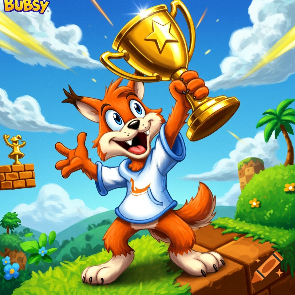 Cartoon bobcat Bubsy holds up a golden trophy on a grassy landscape. on ...