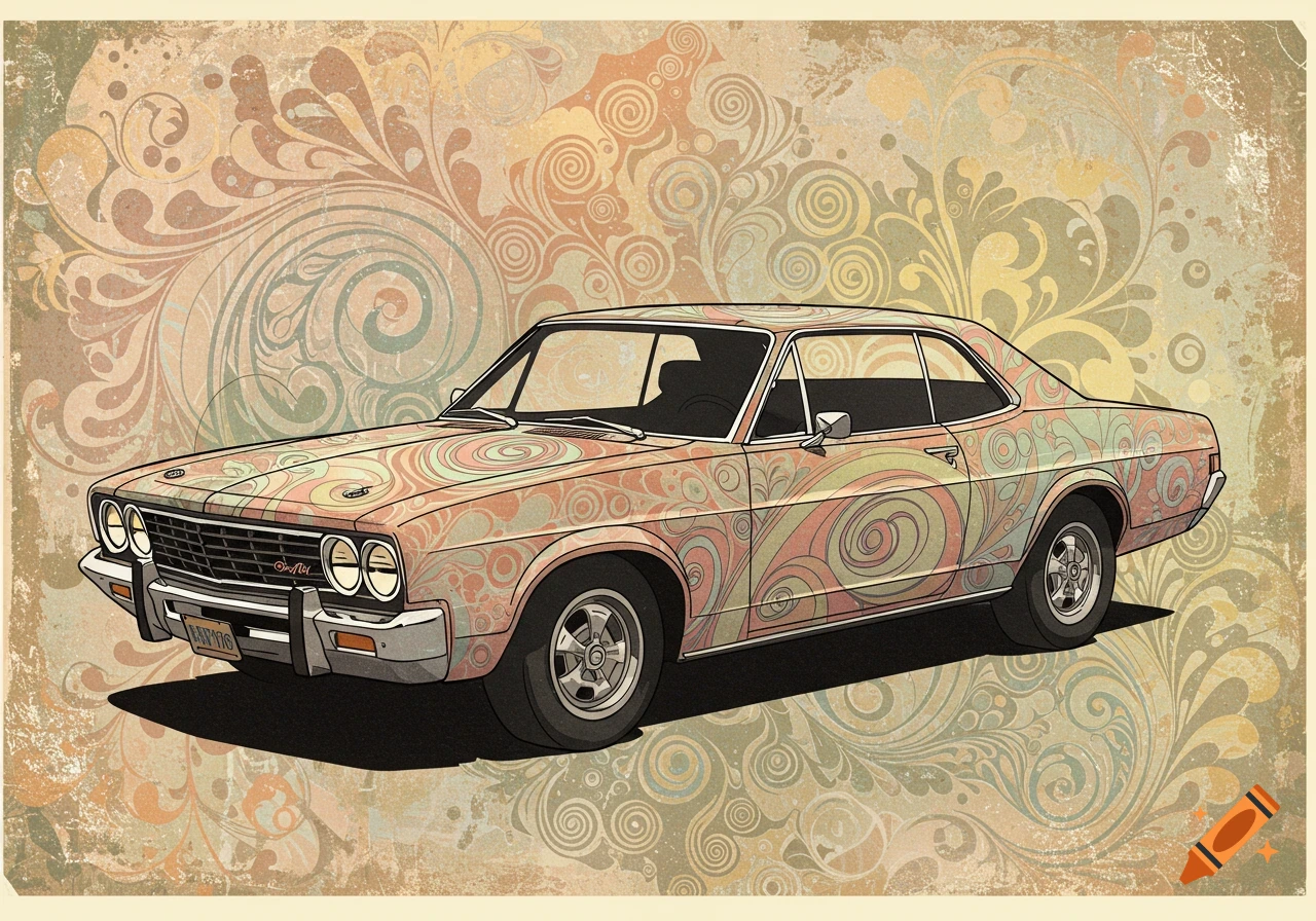 Illustration of a vintage car with a psychedelic swirl pattern against ...