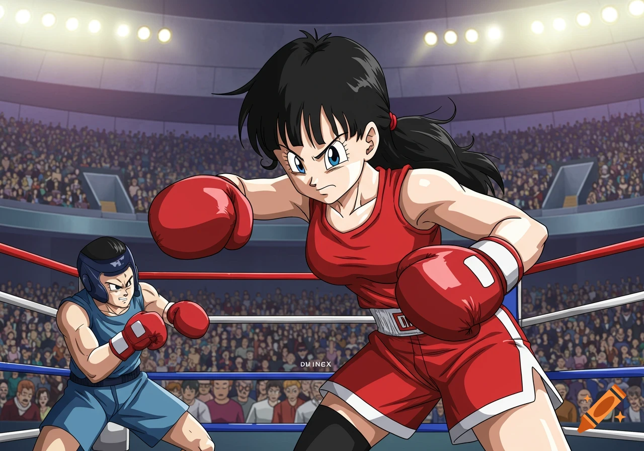 Videl from Dragon Ball Z boxing in a ring during a match, anime style ...