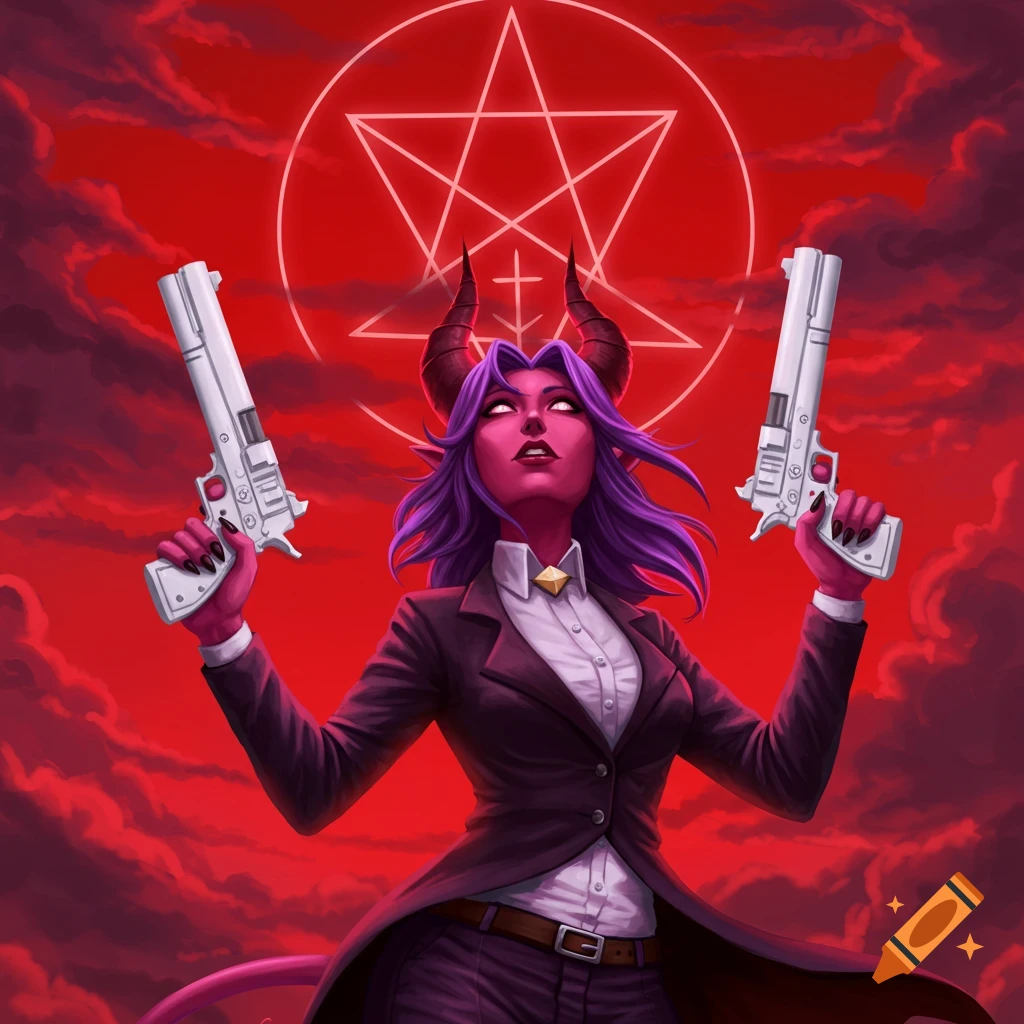 A pink demon woman with purple hair in a suit holds two white pistols ...
