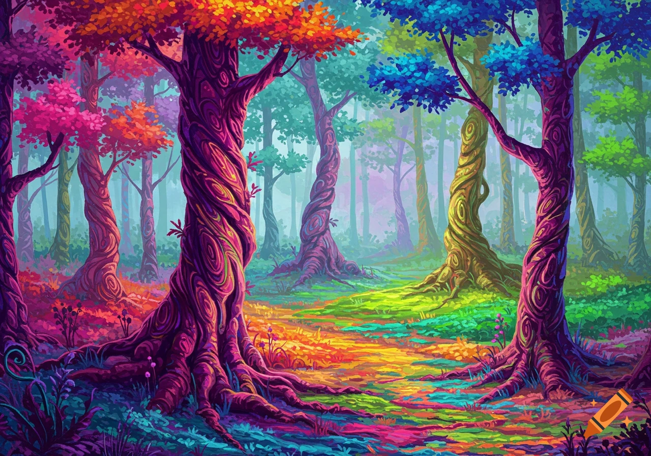 Vibrant, painterly image of a trippy forest with twisted, colorful ...