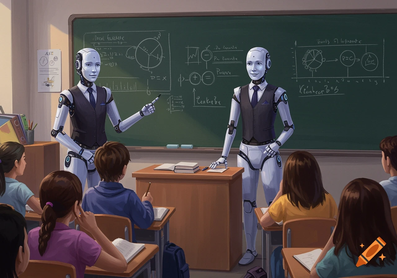 Illustrated scene of two robots teaching students in a classroom with a ...