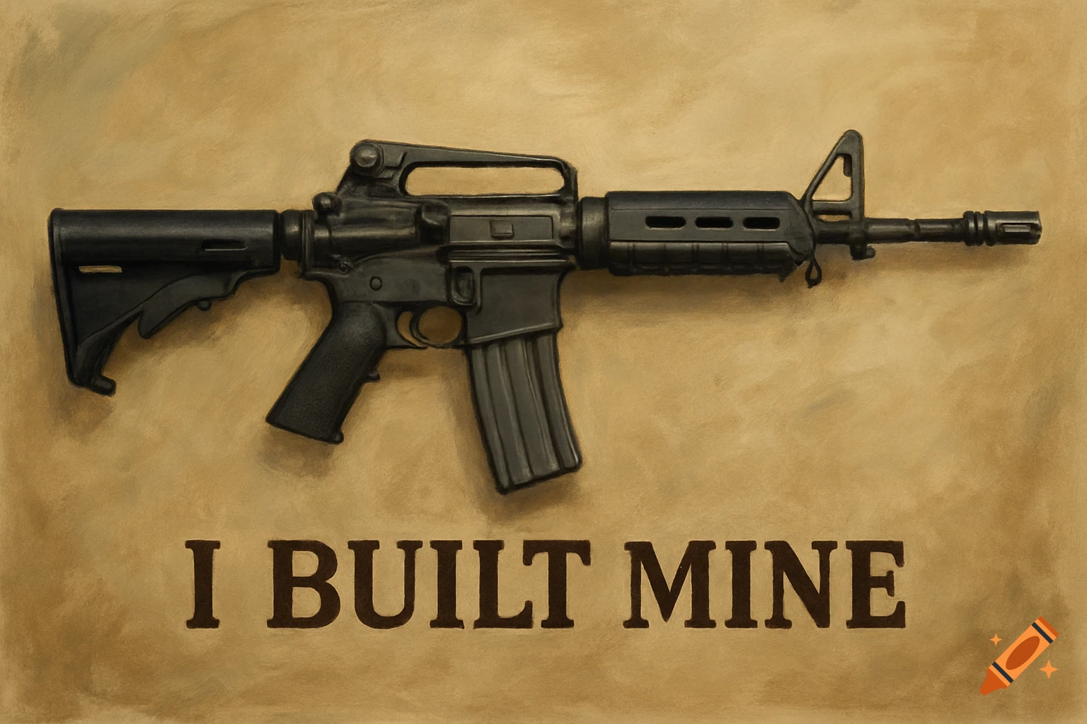 Painting of a rifle with the words 'I BUILT MINE' below on Craiyon