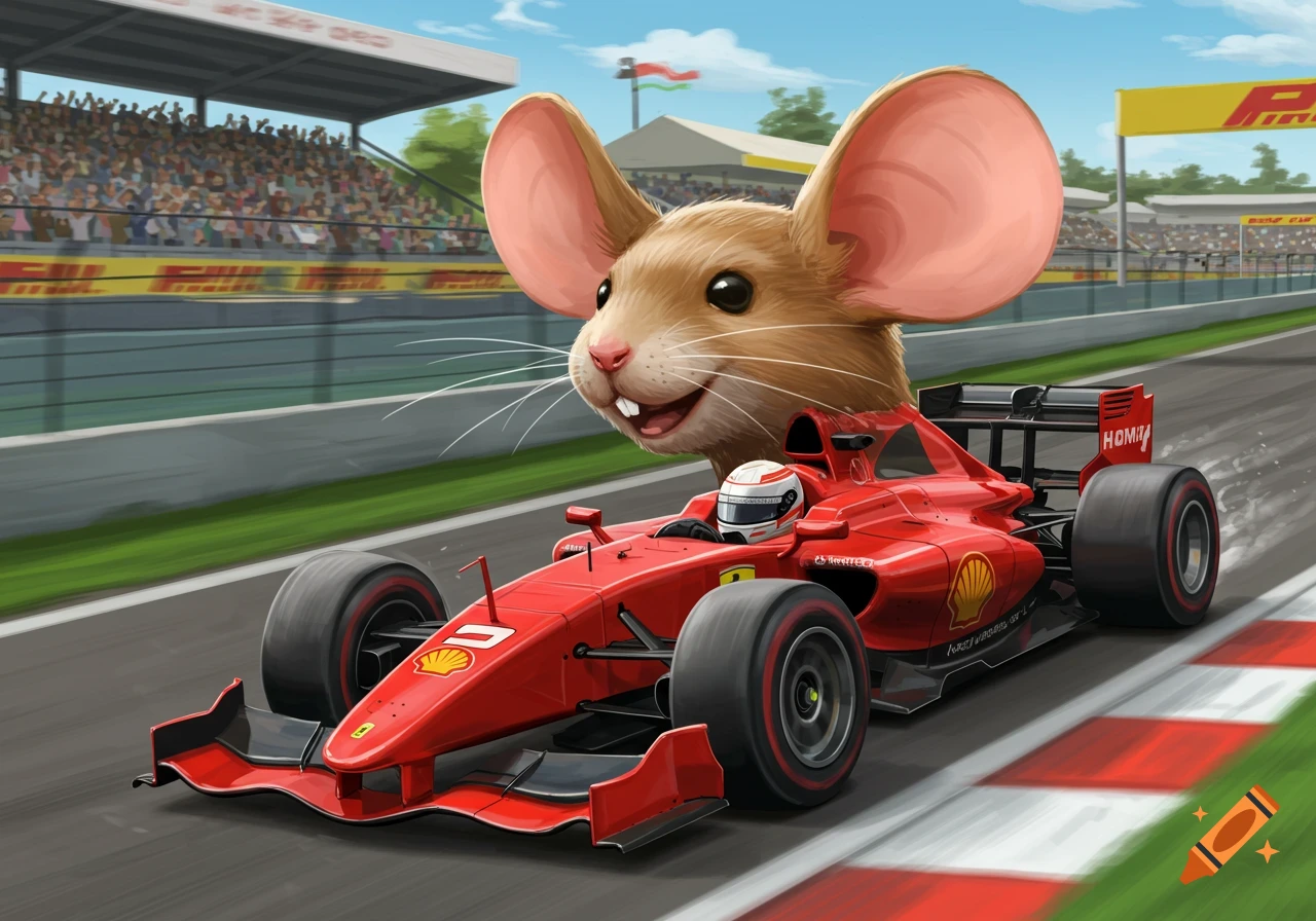 A cartoon mouse drives a red Formula 1 race car on a track. on Craiyon
