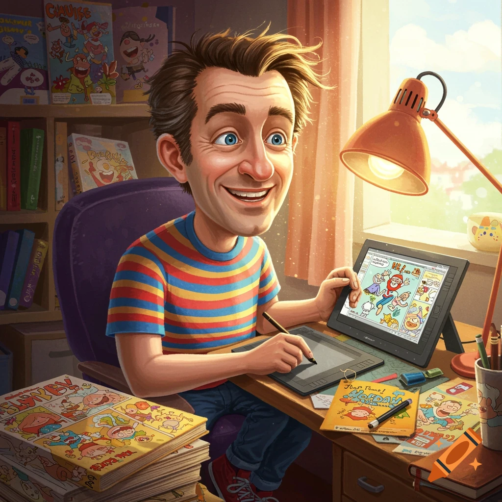Cartoon illustration of a smiling author drawing comics on a tablet. on ...