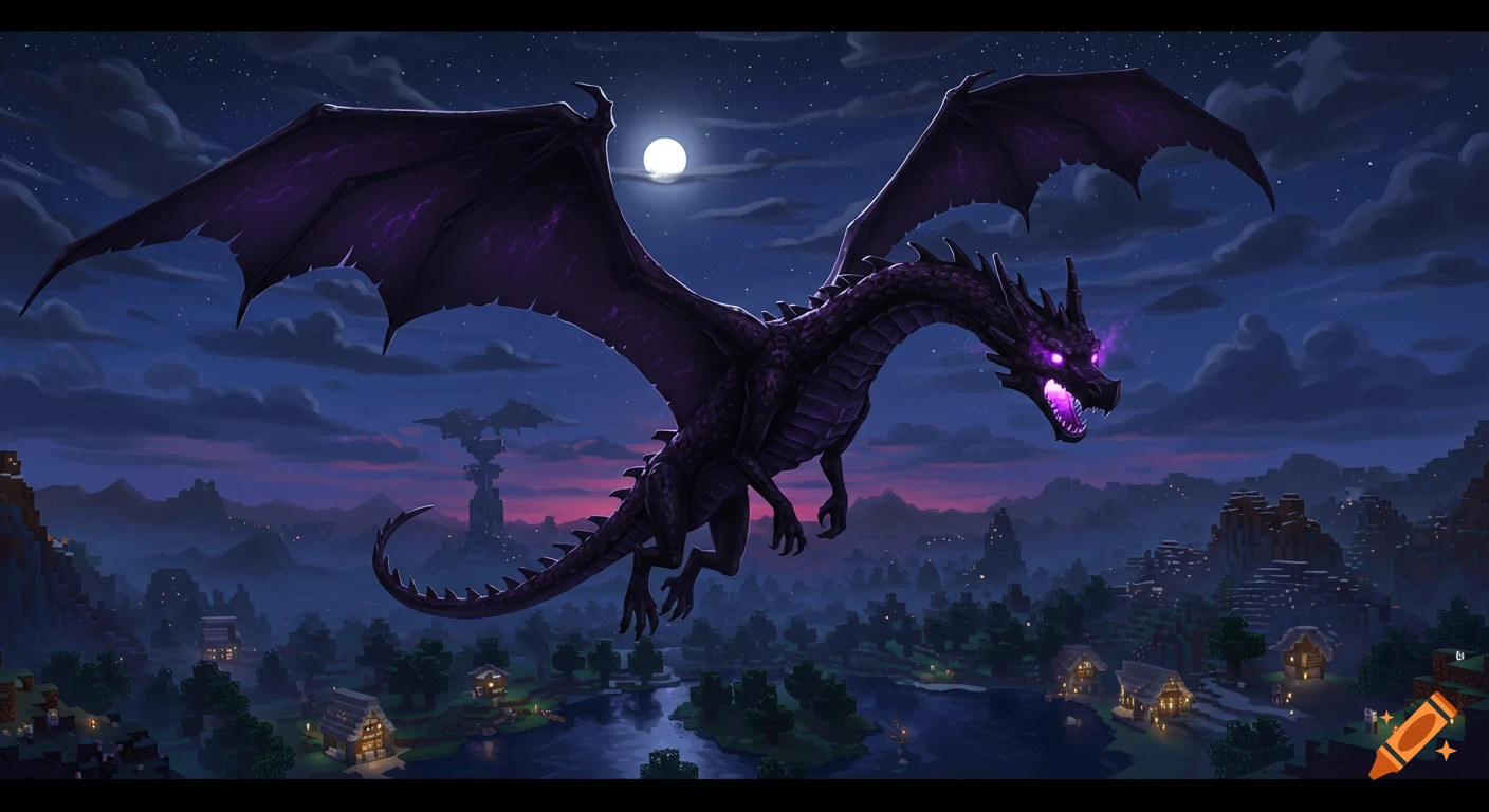 A large purple Ender Dragon flies over a Minecraft village at night ...