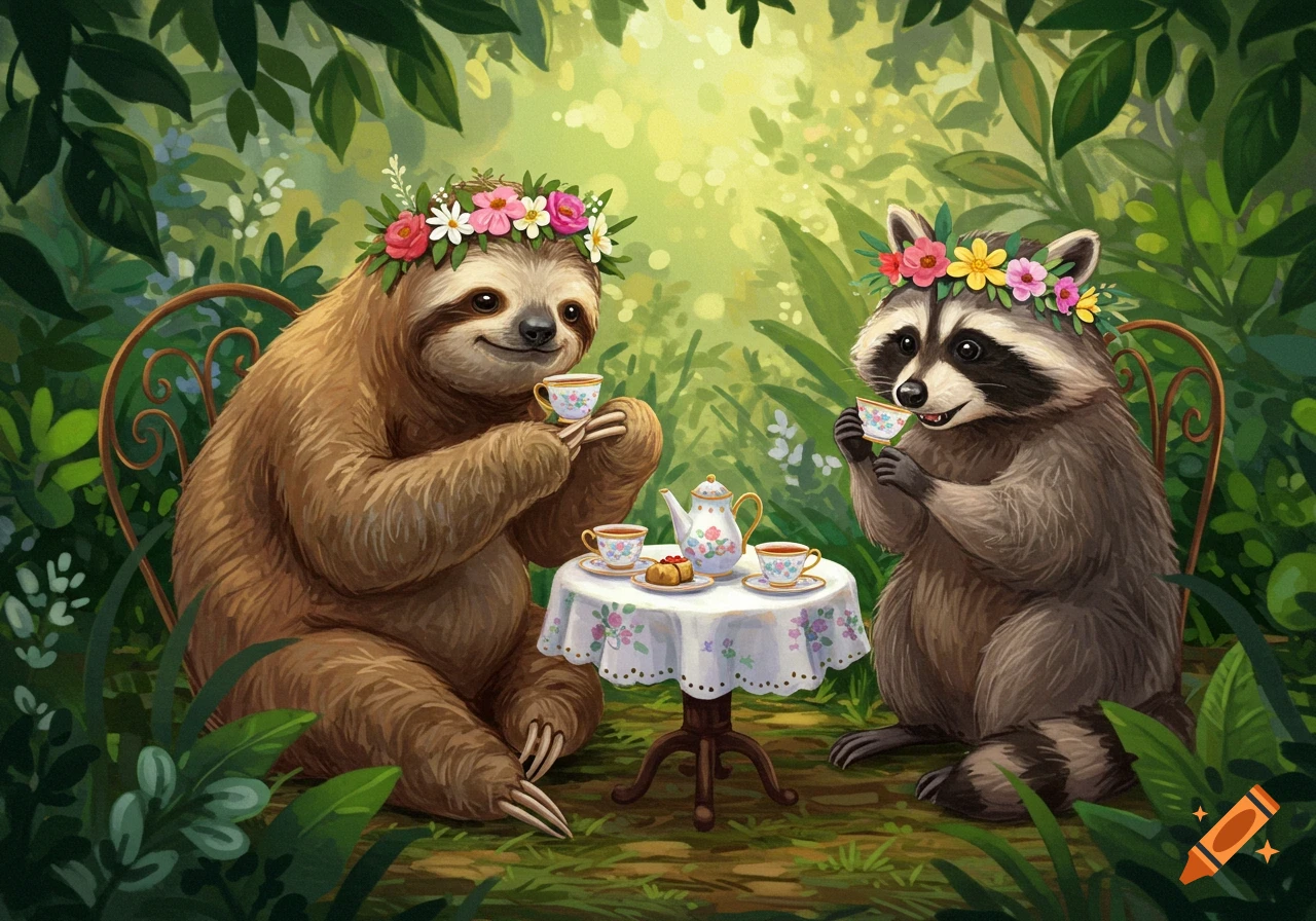 Illustration of a sloth and a raccoon wearing flower crowns at a tea party in a forest. on Craiyon