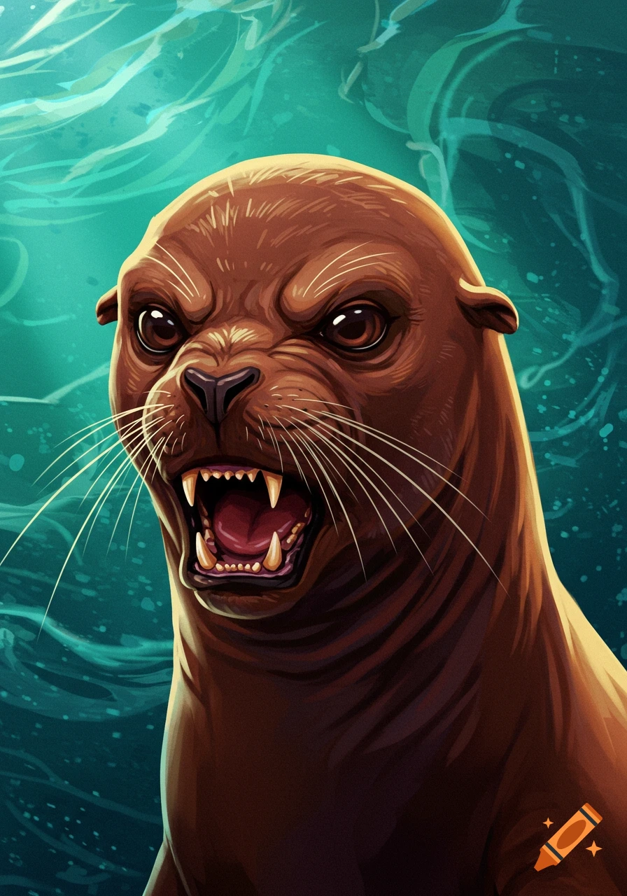 An illustrated close-up portrait of an angry seal with bared teeth, set ...