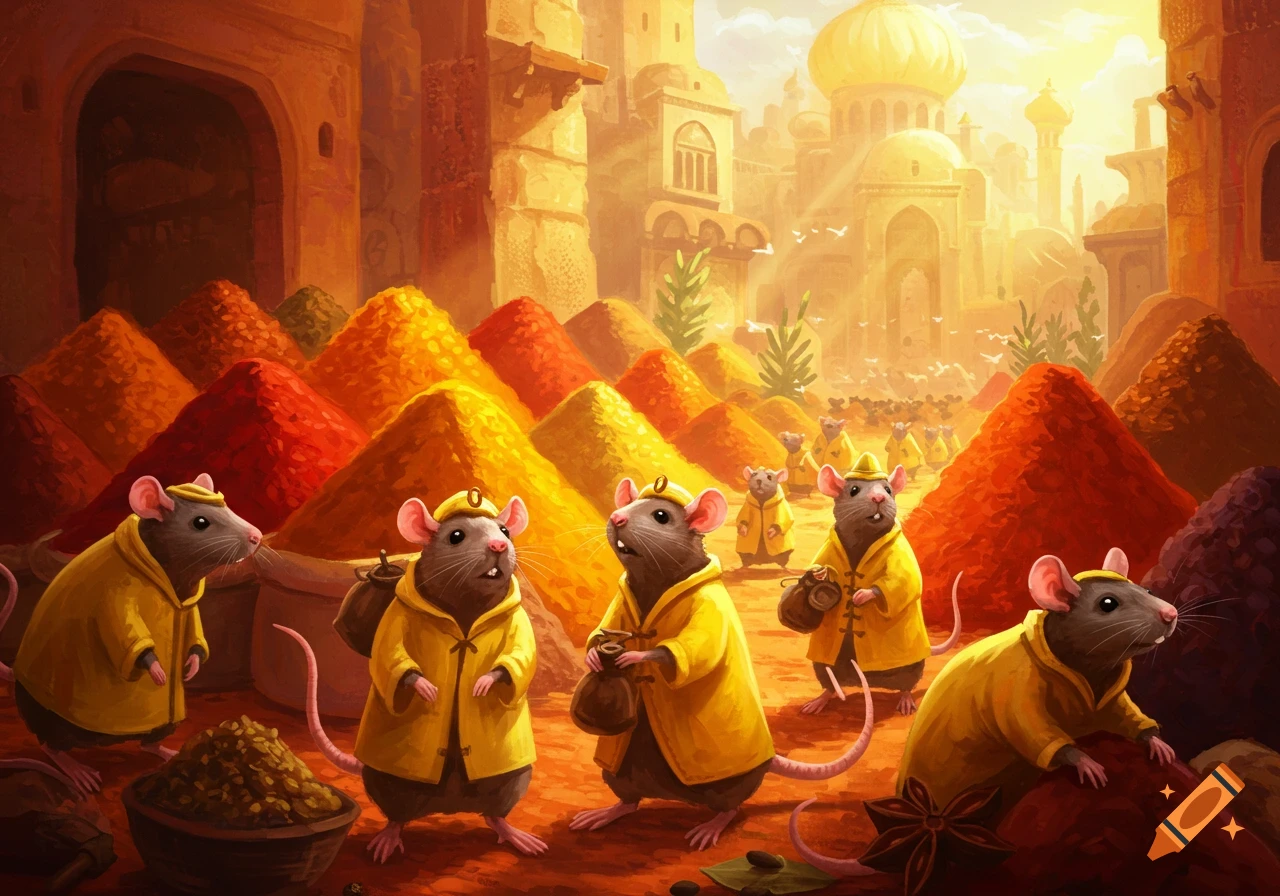 Anthropomorphic rats in yellow robes gather in a colorful spice market ...