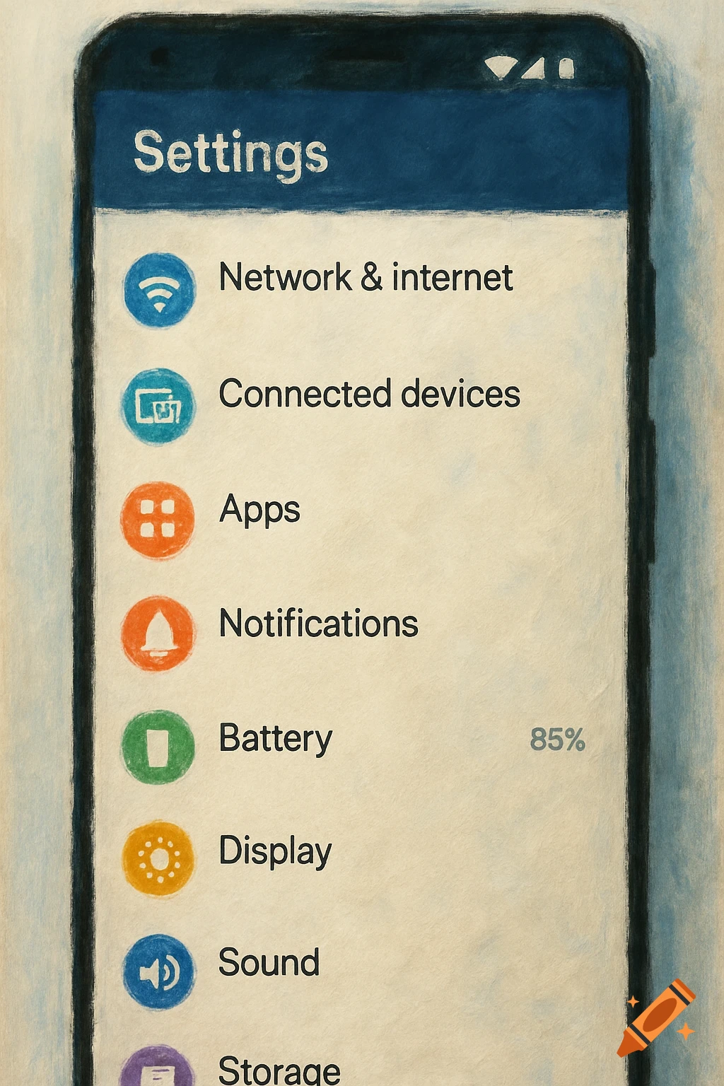 Close-up of a phone screen displaying the settings menu, in a painted style. on Craiyon