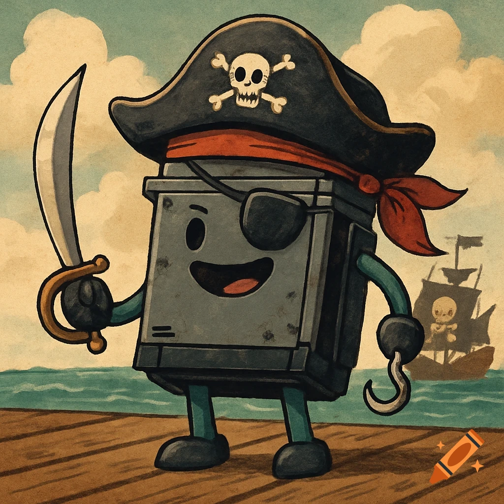 Cartoon toner cartridge character dressed as a pirate with a sword and ...