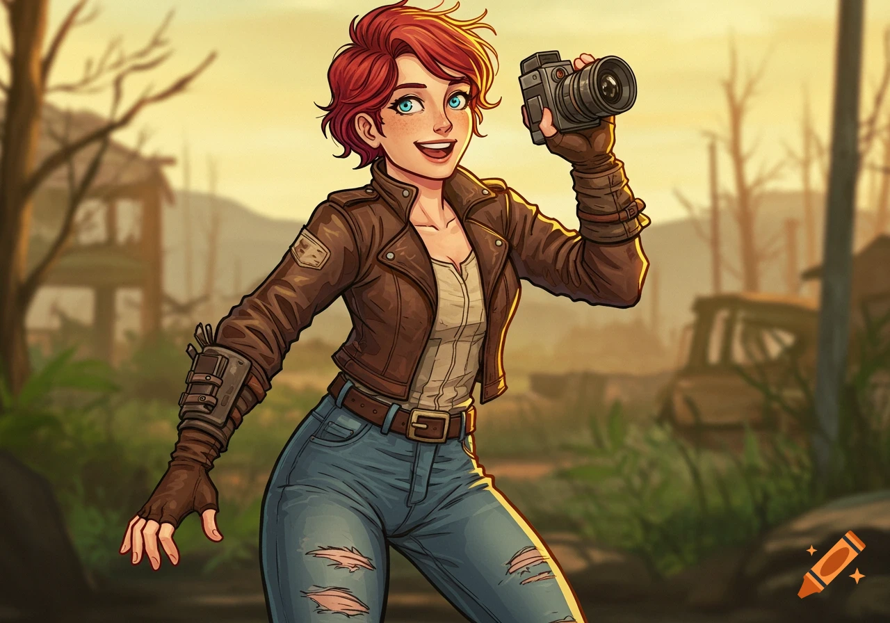 Cartoon illustration of a red-haired woman holding a camera in a post ...