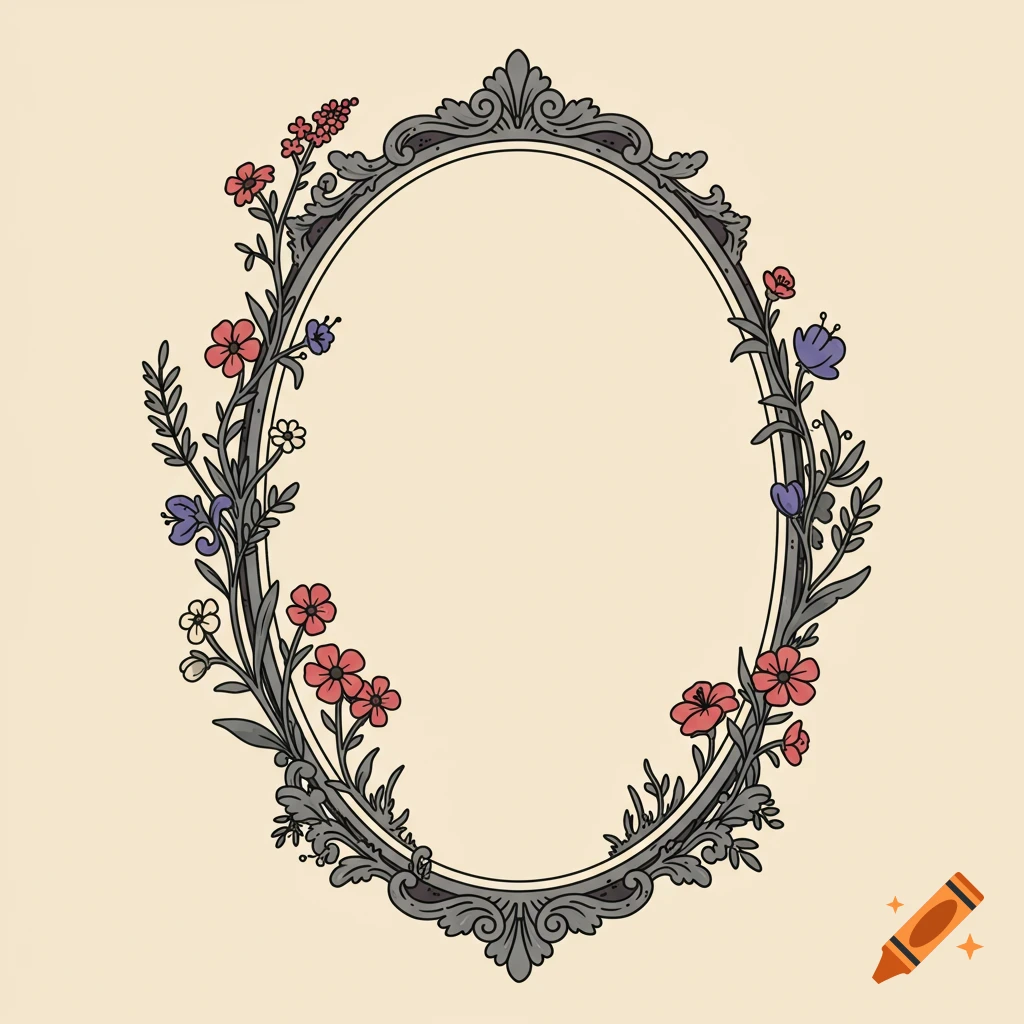 A vintage gothic oval frame decorated with wildflowers in a cartoon ...