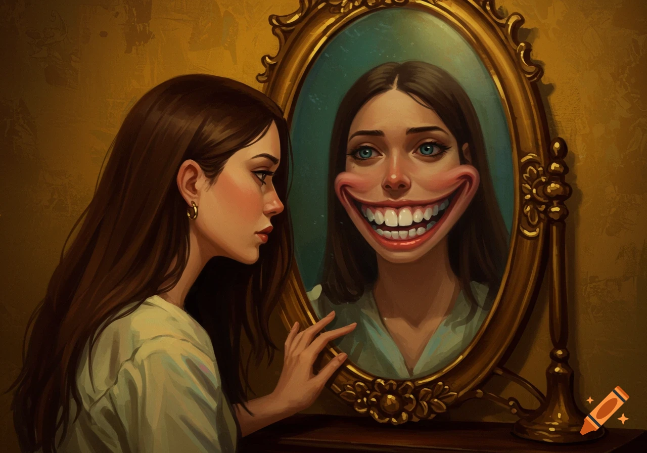 A woman looks into a mirror, her reflection wearing a distorted ...